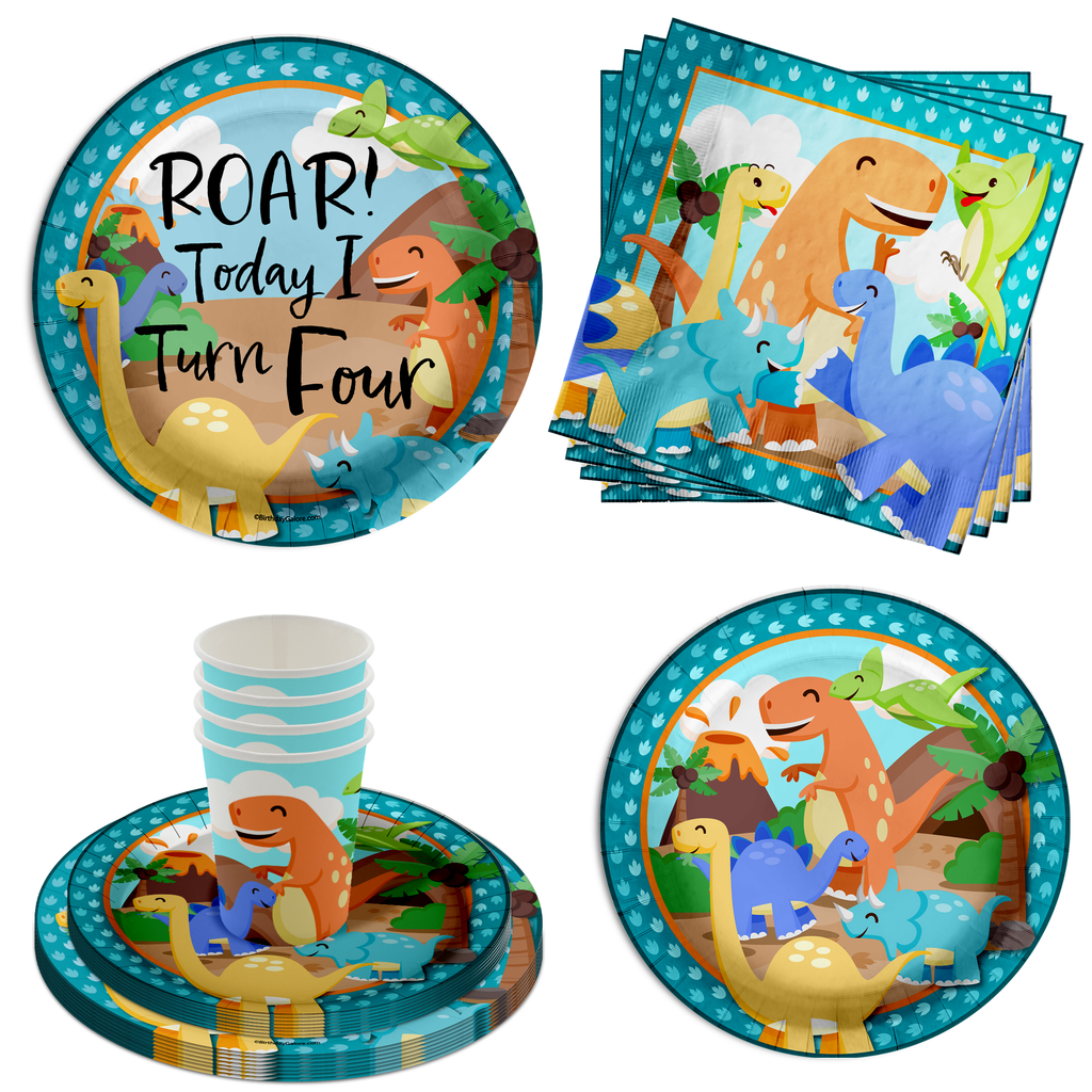 Roar I Turn Four 4th Birthday Party Tableware Kit- 16 Guests