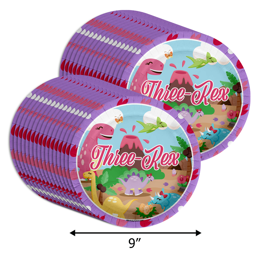 Three Rex Pink Dinosaur Birthday Party 9" Dinner Plates