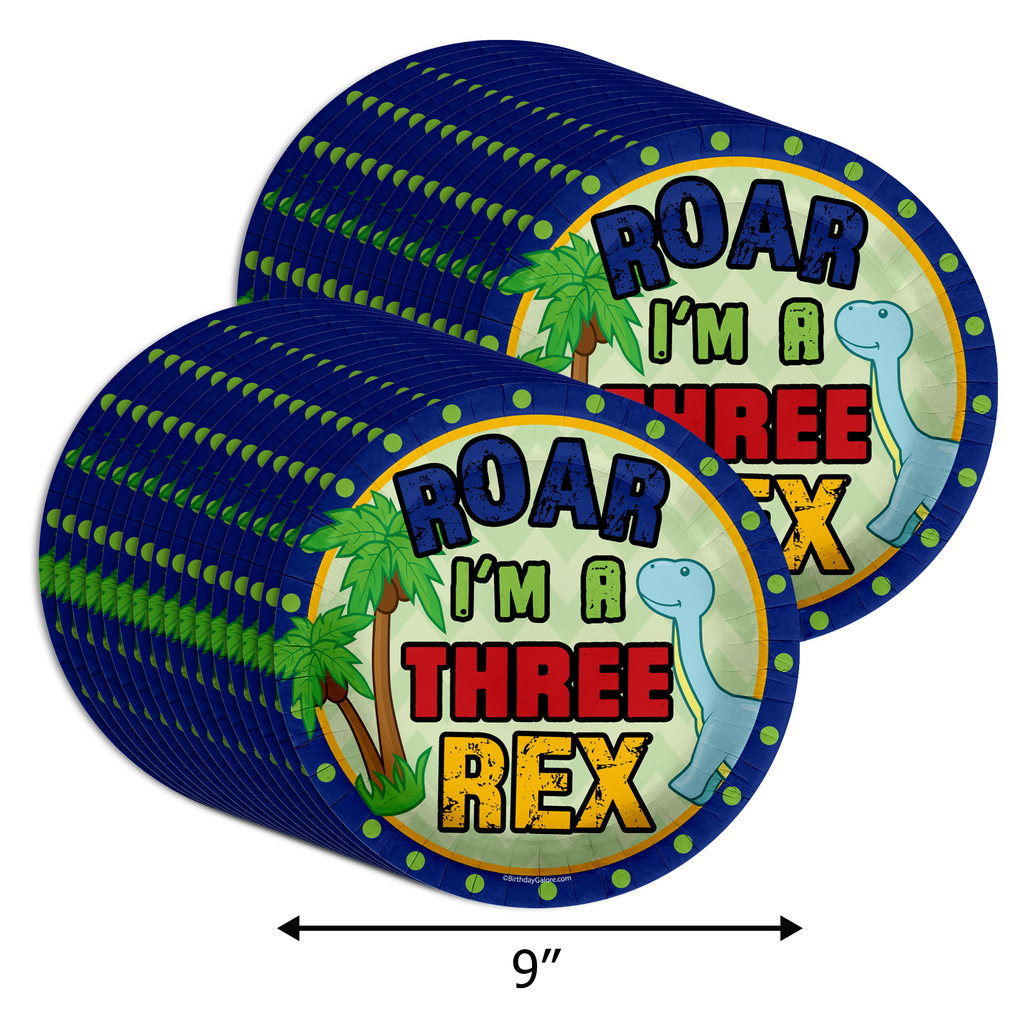 Three Rex Dinosaur Birthday Party 9" Dinner Plates 32 Count