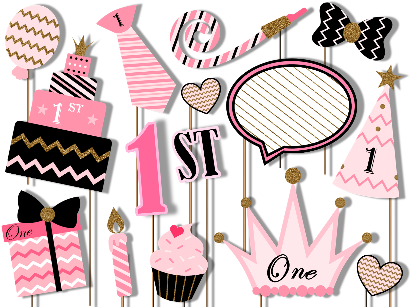 1st Birthday Pink & Gold Photo Booth Props 20pcs Assembled ...