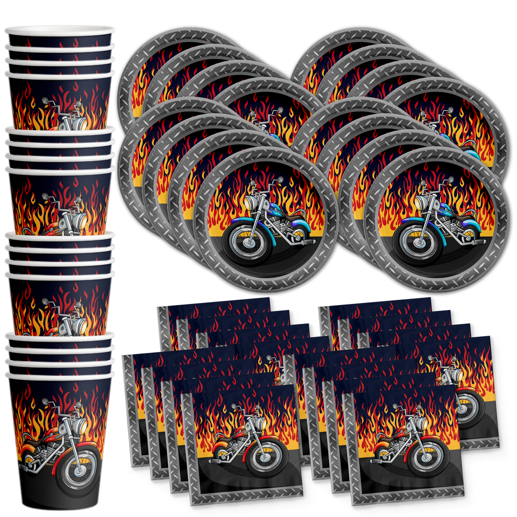 Motorcycle Biker Birthday Party Tableware Kit For 16 Guests
