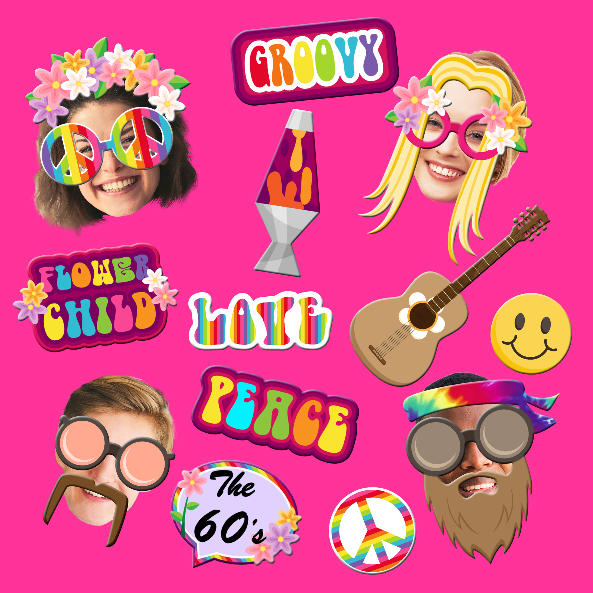 60's Hippie Decade Photo Booth Props 20pcs Assembled