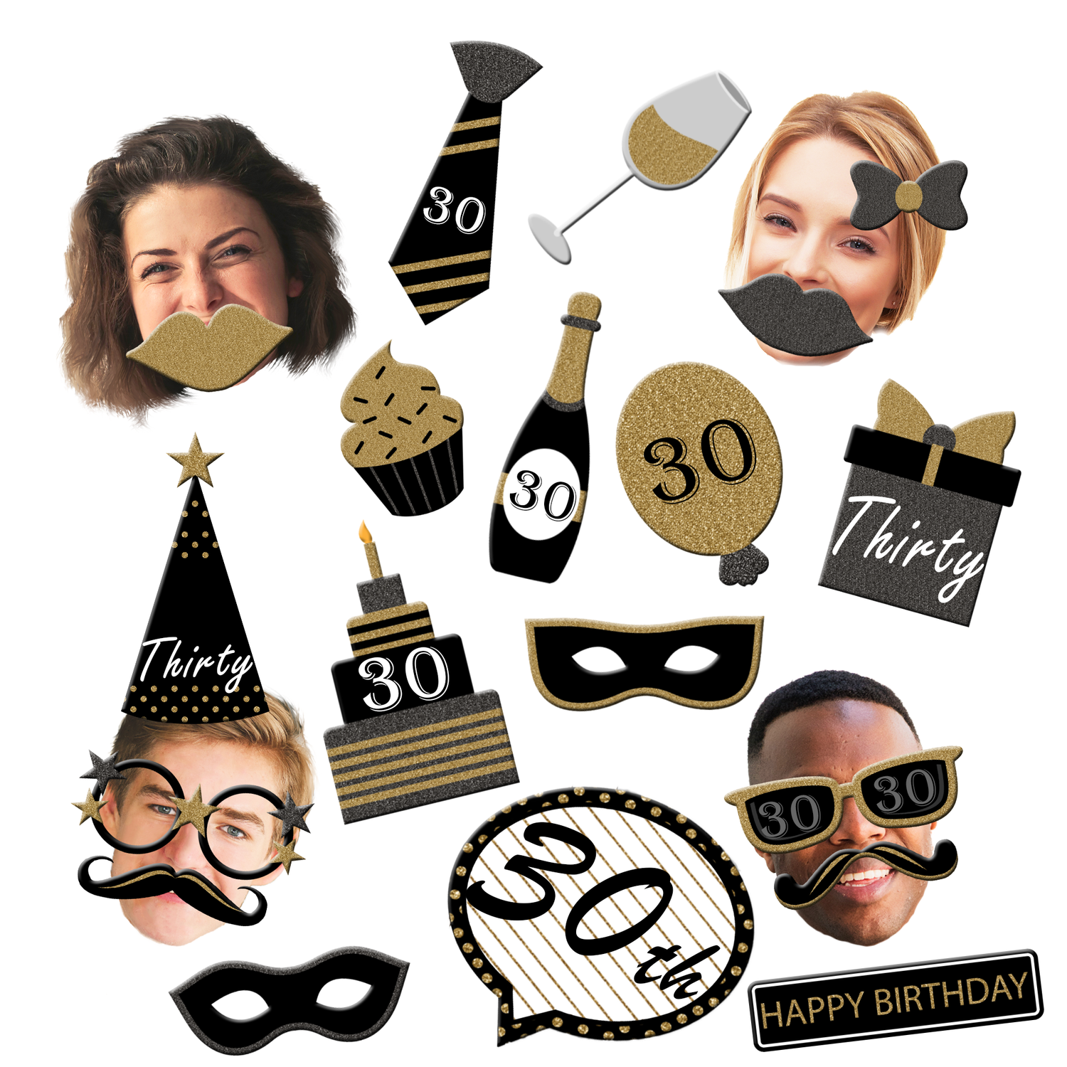 30th Birthday Black & Gold Photo Booth Props 20pcs Assembled ...