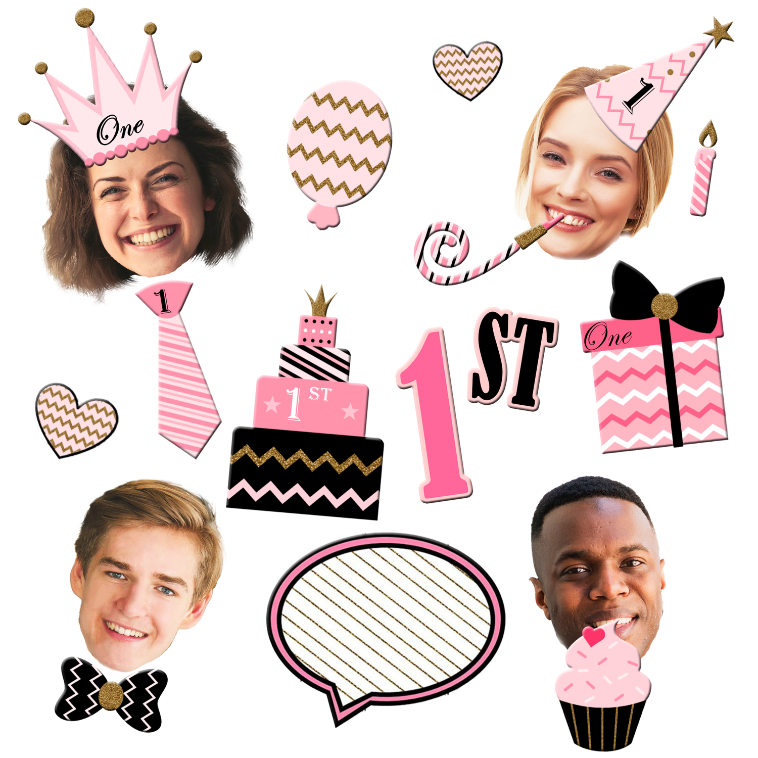 1st Birthday Pink & Gold Photo Booth Props 20pcs Assembled ...
