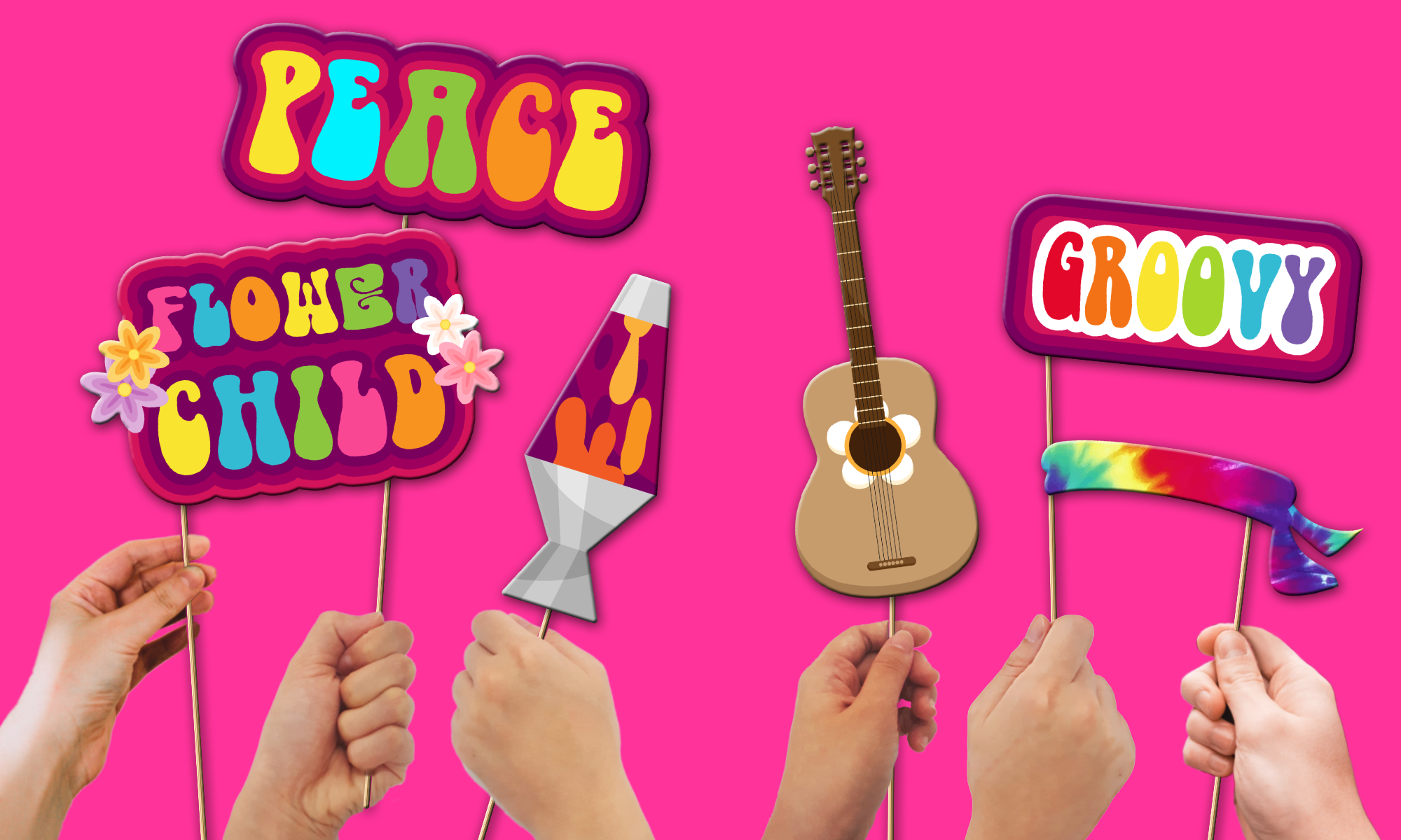 60s Photo Booth Props (41-pc Kit) – Hippie/Woodstock, 1960